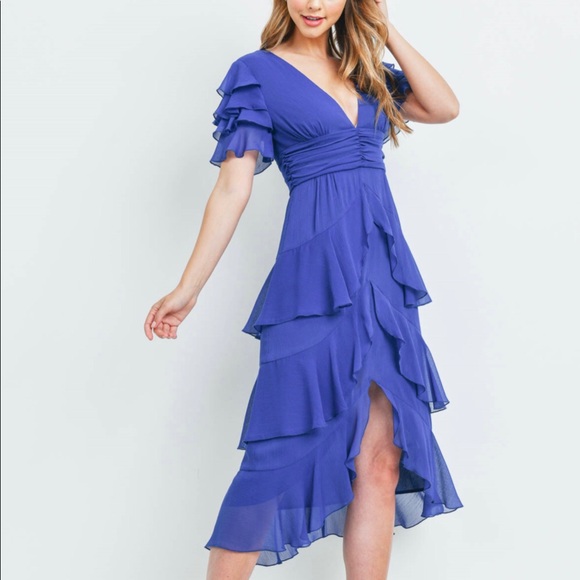 Dresses | Womens Pleated Asymmetrical Knee Length Maxi Long Vneck Royal Blue Dress Medium | Poshmark